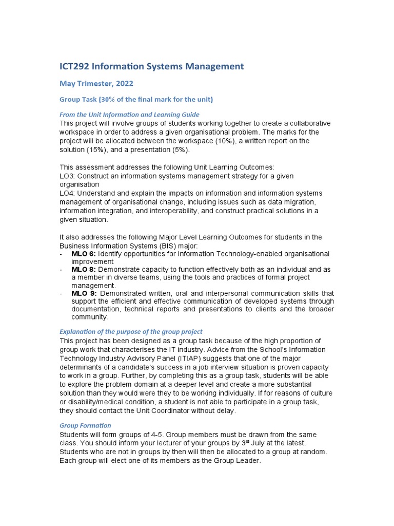 ICT292 Information Systems Management: May Trimester, 2022 | PDF | Business