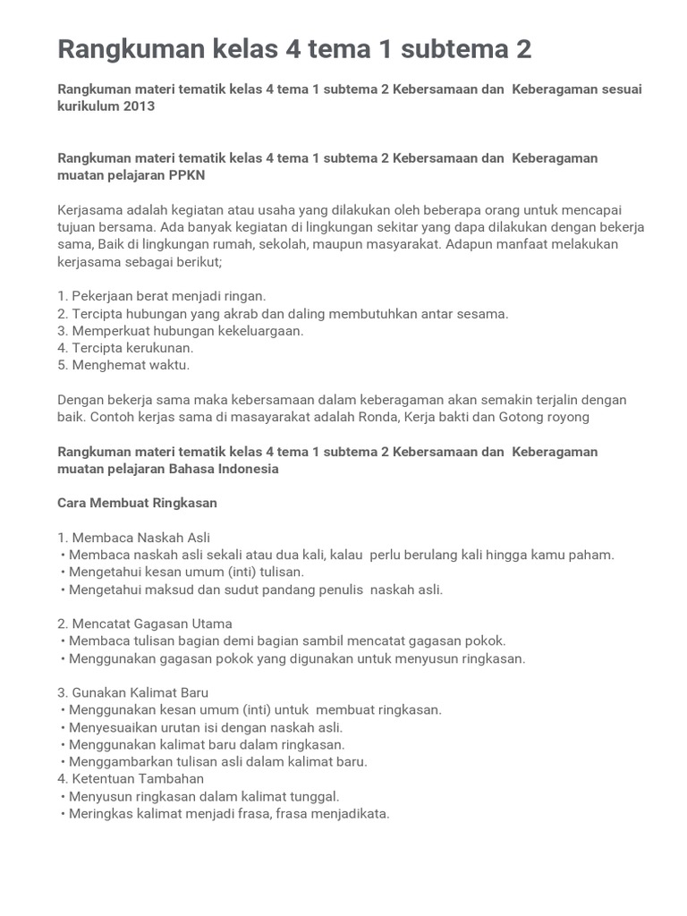 Rangkuman Kelas 4 Tema 1 Subtema 2 | PDF