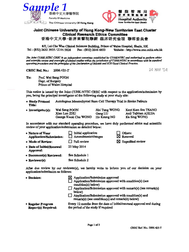 CUHK-NTEC CREC Ethical Approval Notice | PDF | Institutional Review ...