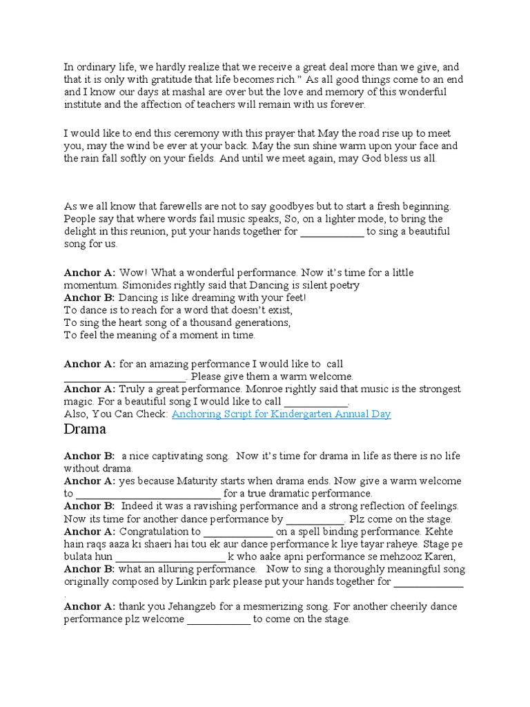 Drama: Anchoring Script For Kindergarten Annual Day | PDF