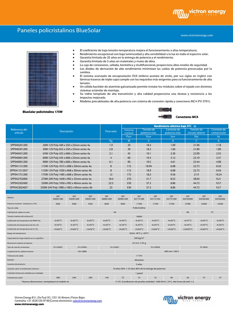 Datasheet BlueSolar Polycrystalline Panels ES | PDF | Física | Resistor