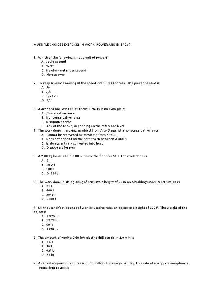 Work, Power, and Energy Exercises | PDF | Force | Kinetic Energy