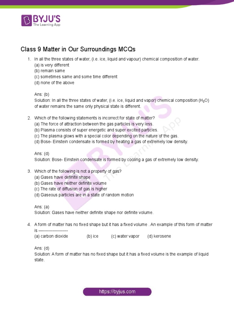 Class 9 Matter in Our Surroundings Mcqs | PDF | Gases | Evaporation