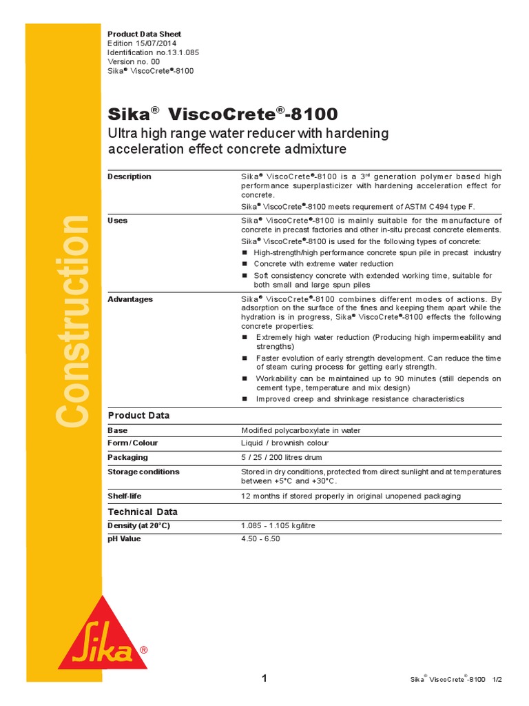 Sika® ViscoCrete®-8100 | PDF | Concrete | Civil Engineering