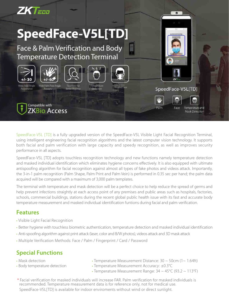 Speedface-V5L (TD) : Face & Palm Verification and Body Temperature Detection Terminal | PDF ...