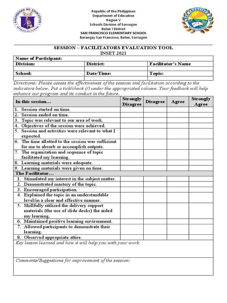 Session-Faciliatators Evaluation Tool | PDF | Learning | Education Theory