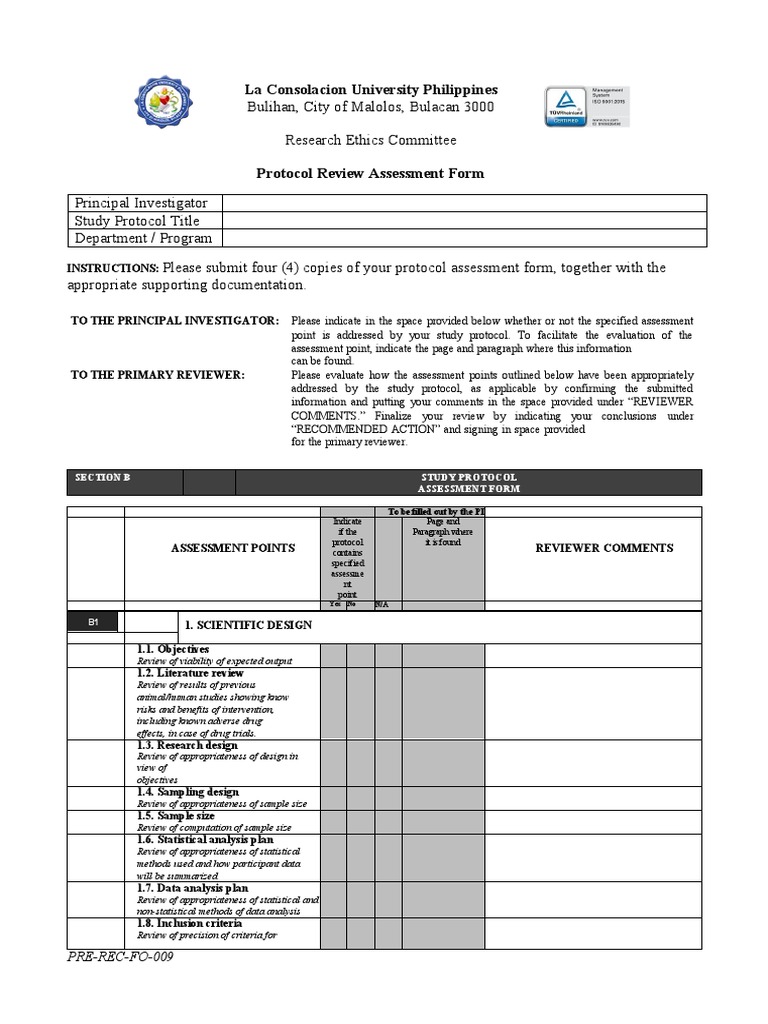 PRE-REC-FO-009 Protocol Review Assessment Form | PDF | Informed Consent ...