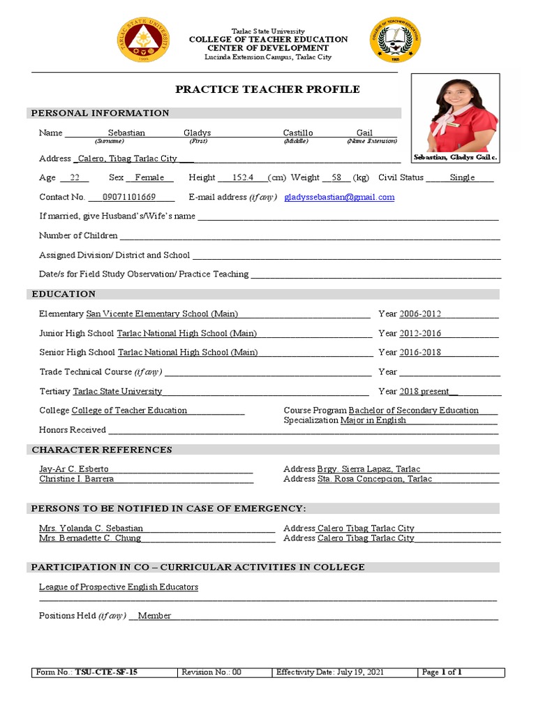 Practice Teacher Profile Form | PDF | Learning | Human Life Stages