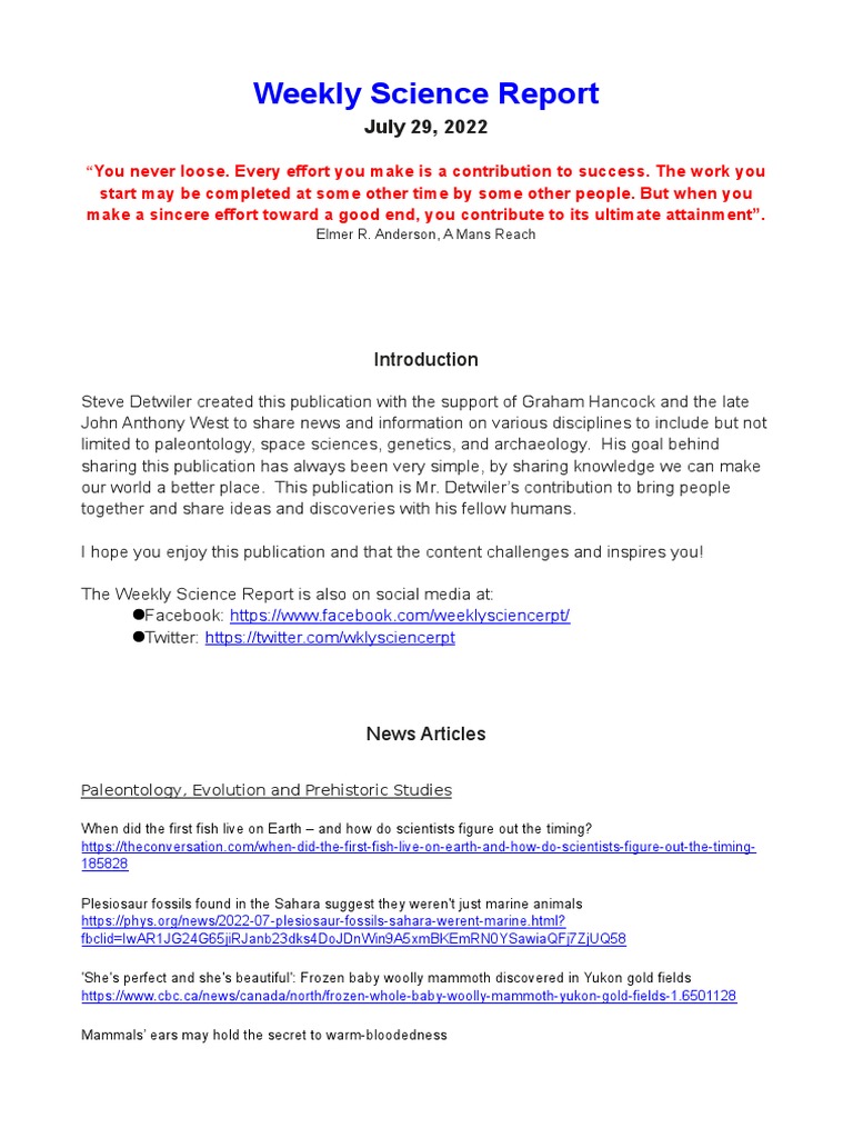 Weekly Science Report 29th July 2022 | PDF | Archaeology | Mars