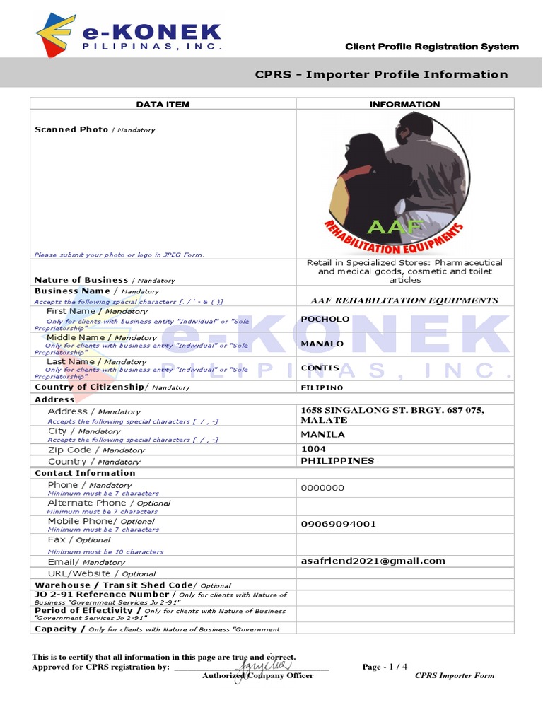 Sample CPRS Application | Download Free PDF | Fax | Sole Proprietorship