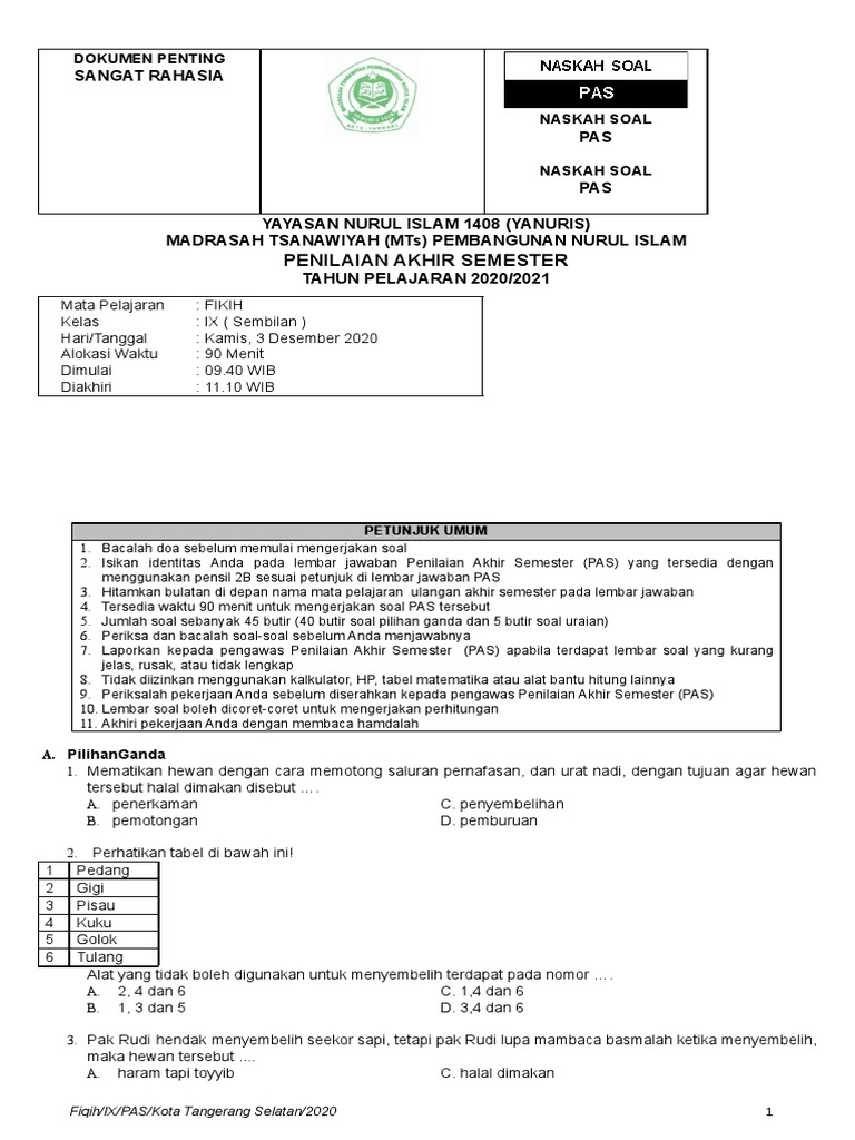 1920 SOAL Mapel 9 PAS | PDF