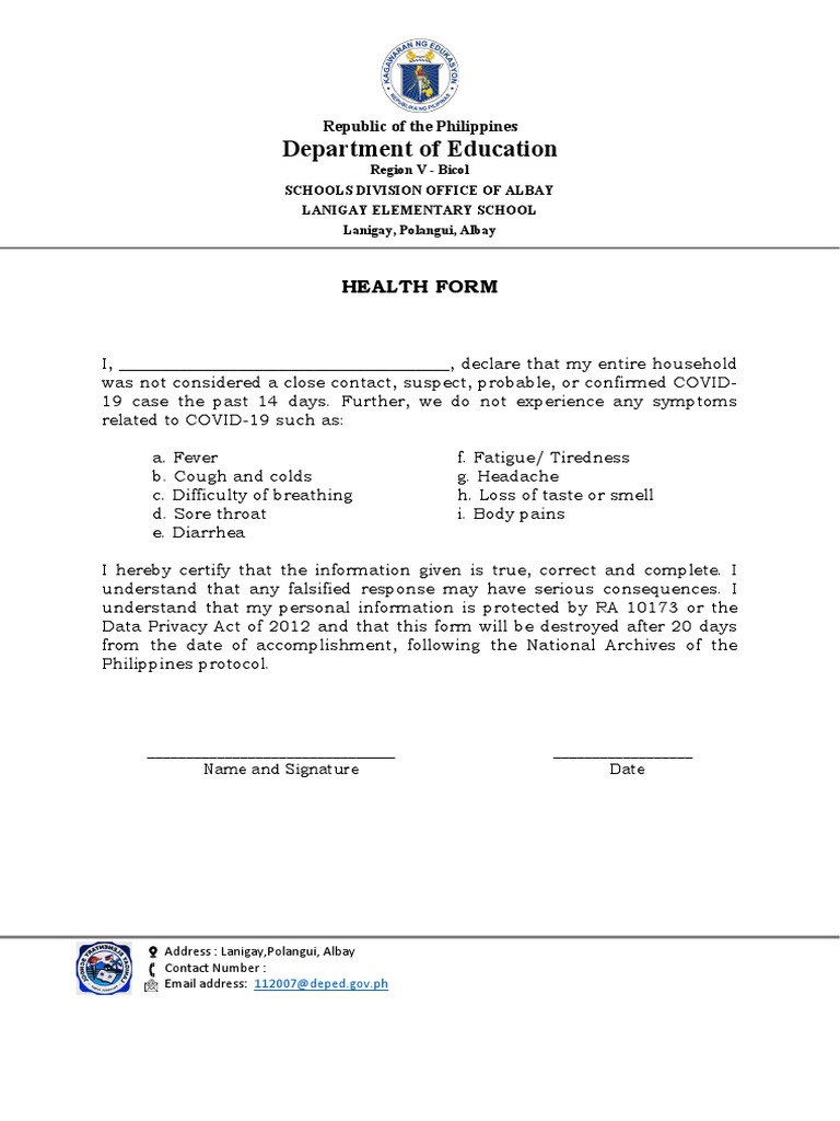 Department of Education: Health Form | PDF
