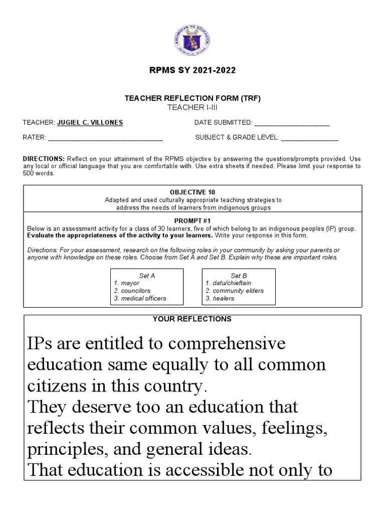 Teacher Reflection on RPMS Objectives | PDF | Lesson Plan | Learning