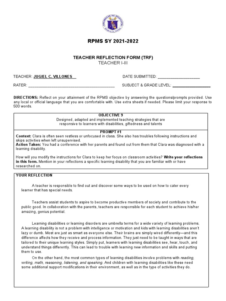 RPMS SY 2021-2022: Teacher Reflection Form (TRF) | PDF | Learning ...