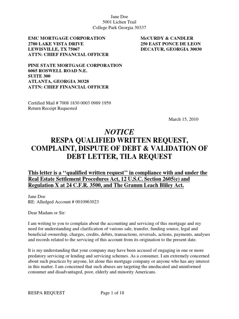 Notice: Respa Qualified Written Request, Complaint, Dispute Of Debt ...