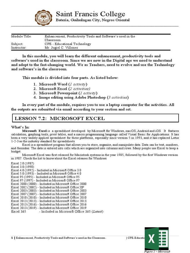 Lesson 7.2 Ms Excel | PDF | Microsoft Excel | Spreadsheet