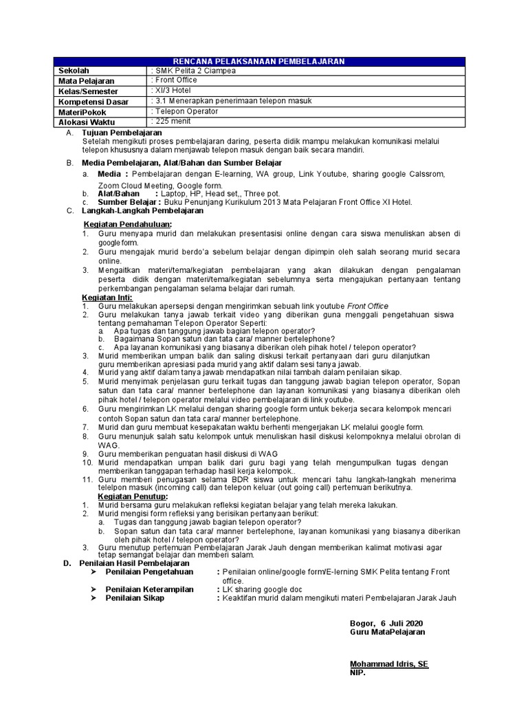 RPP Front Office Kelas Xi Hotel | PDF