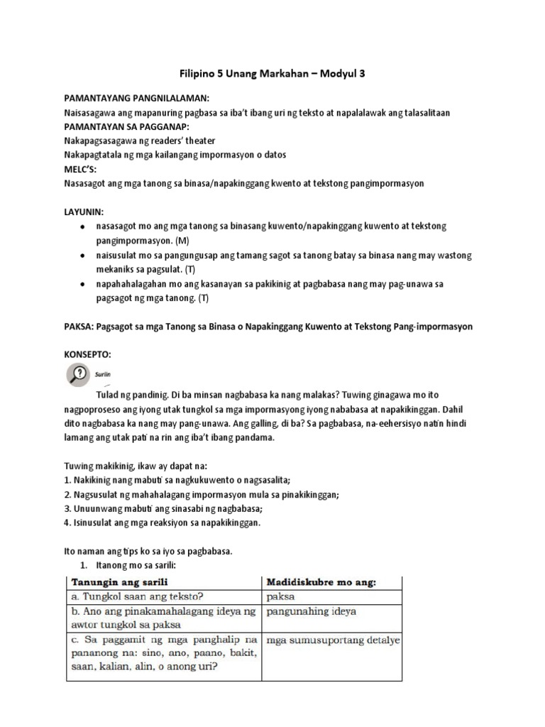 Grade 5 Modules First QRT Week3 in Filipino | PDF