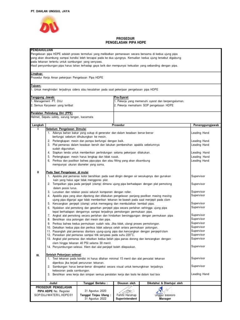 SOP DUJ.02. Pengelasan Pipa HDPE RV | PDF