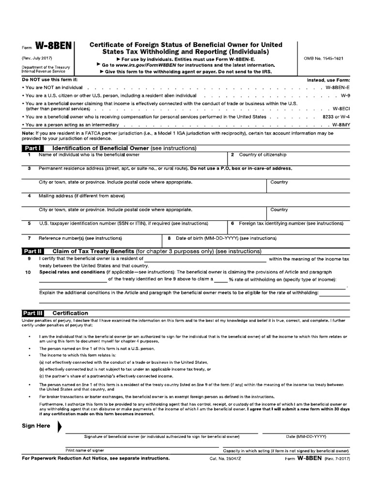 W-8BEN Form | PDF