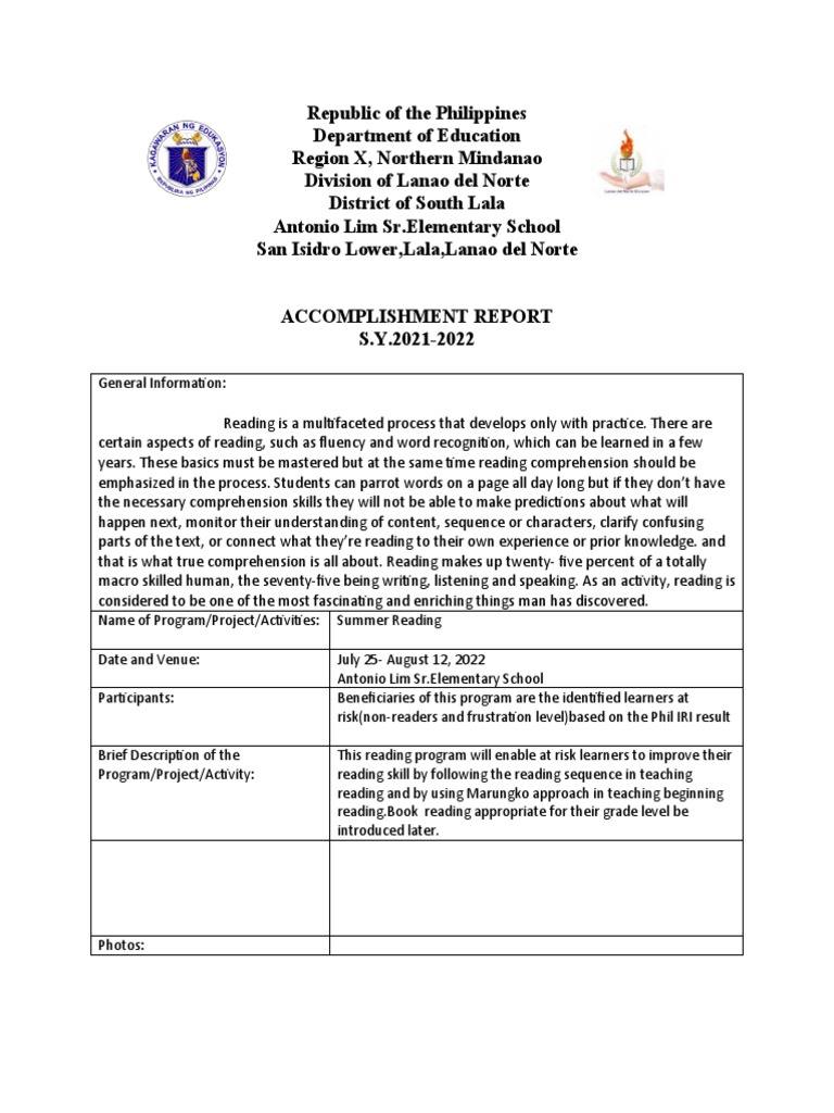 Accomplishment Report in Summer Reading 2022 | PDF