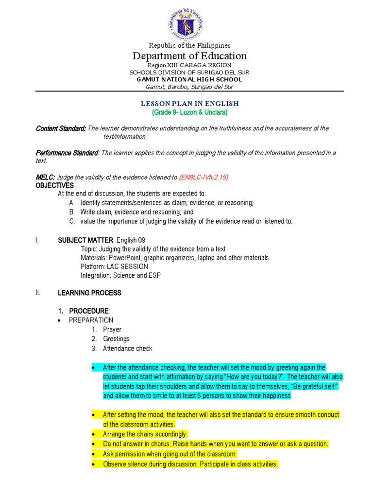 LESSON PLAN THIRD QUARTER CO With Annotations | PDF | Argument | Reason