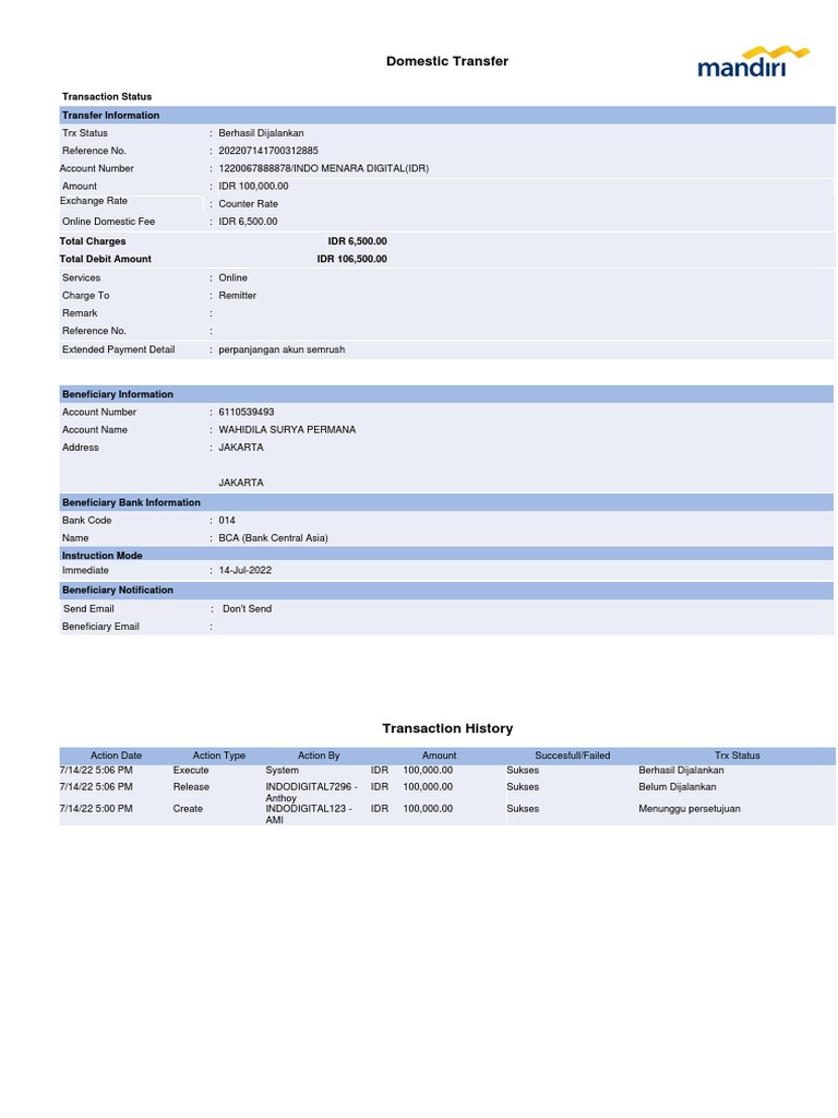 Domestic Transfer: Transaction Status Transfer Information | PDF