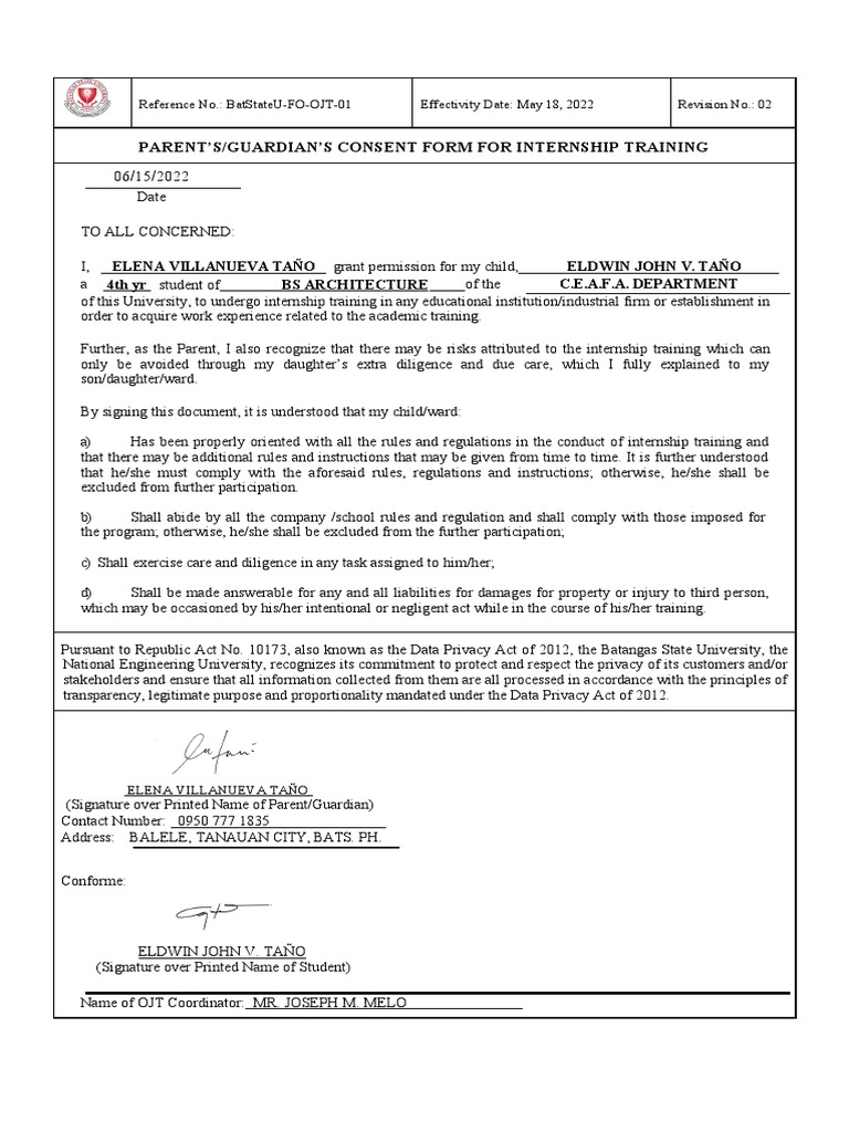 BatStateU-FO-OJT-01 - Parent's, Guardian's Consent Form For Internship ...