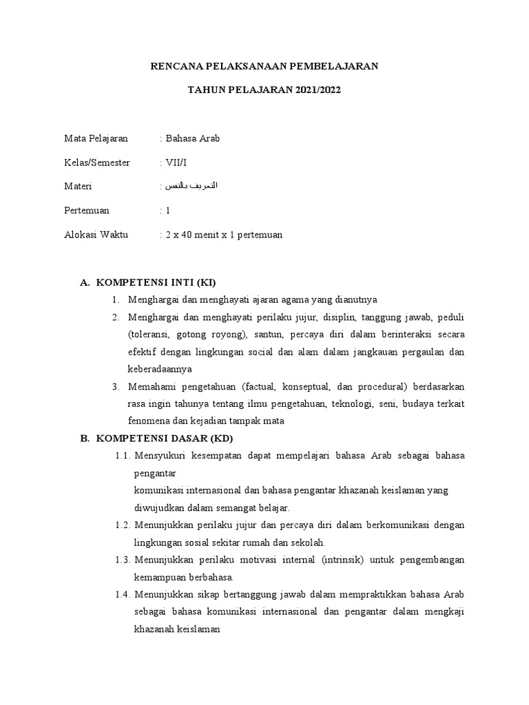 RPP Bahasa Arab Kelas VII | PDF | Seni & Disiplin Bahasa