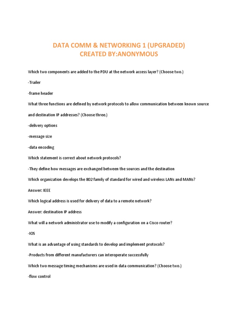 Data Comm & Networking 1 (Upgraded) Created By:Anonymous | Download Free PDF | Computer Network ...
