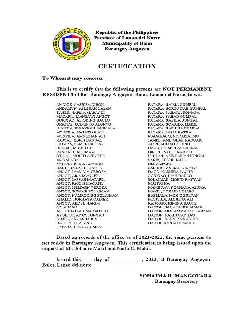 Certification: Republic of The Philippines Province of Lanao Del Norte ...