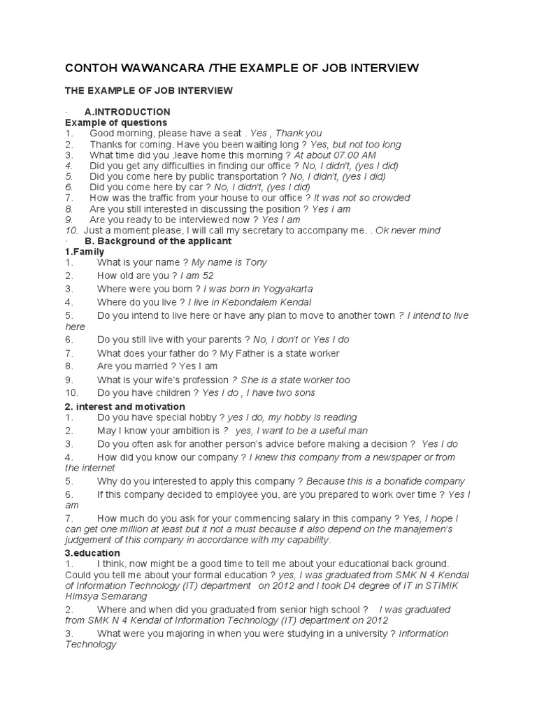 The Example of Job Interview Example of Questions | PDF