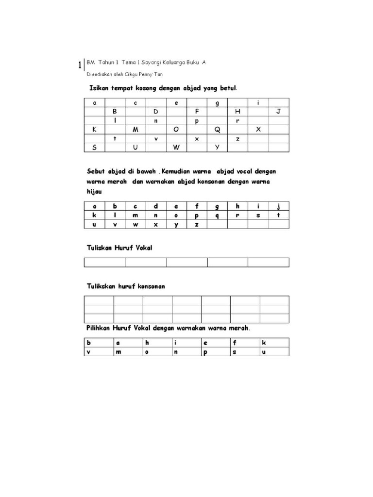 Lembaran Kerja Huruf Vokal Dan Konsonan BM Tahun 1 | PDF