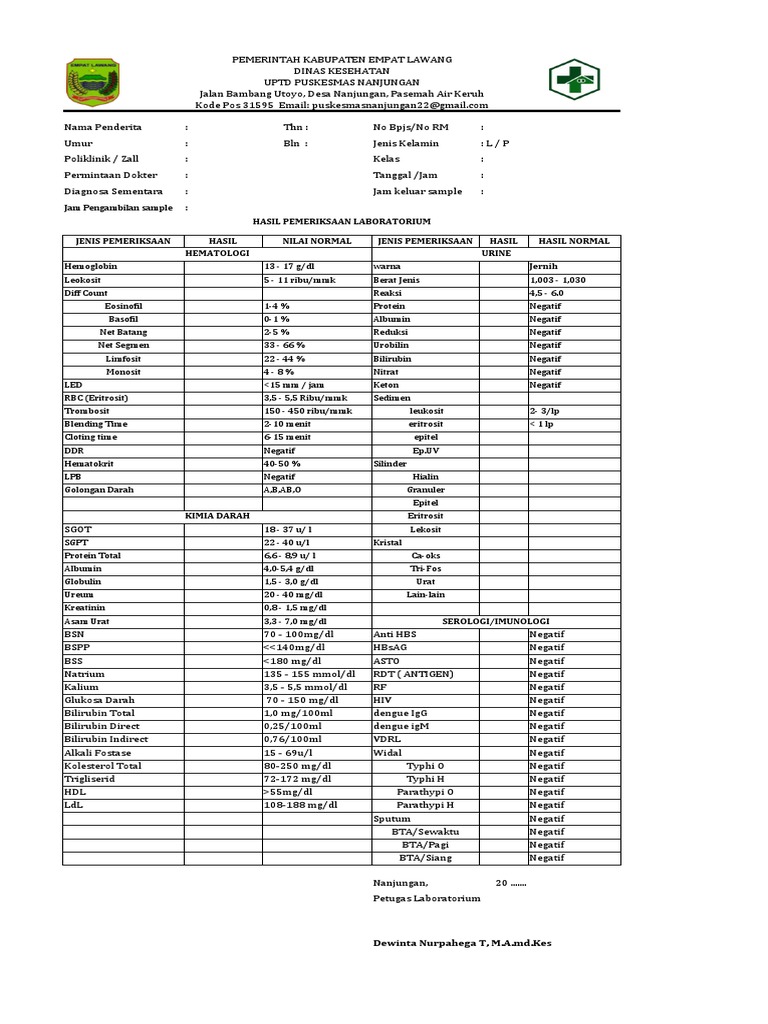 Hasil Pemeriksaan Laboratorium Jenis Pemeriksaan Hasil Nilai Normal ...