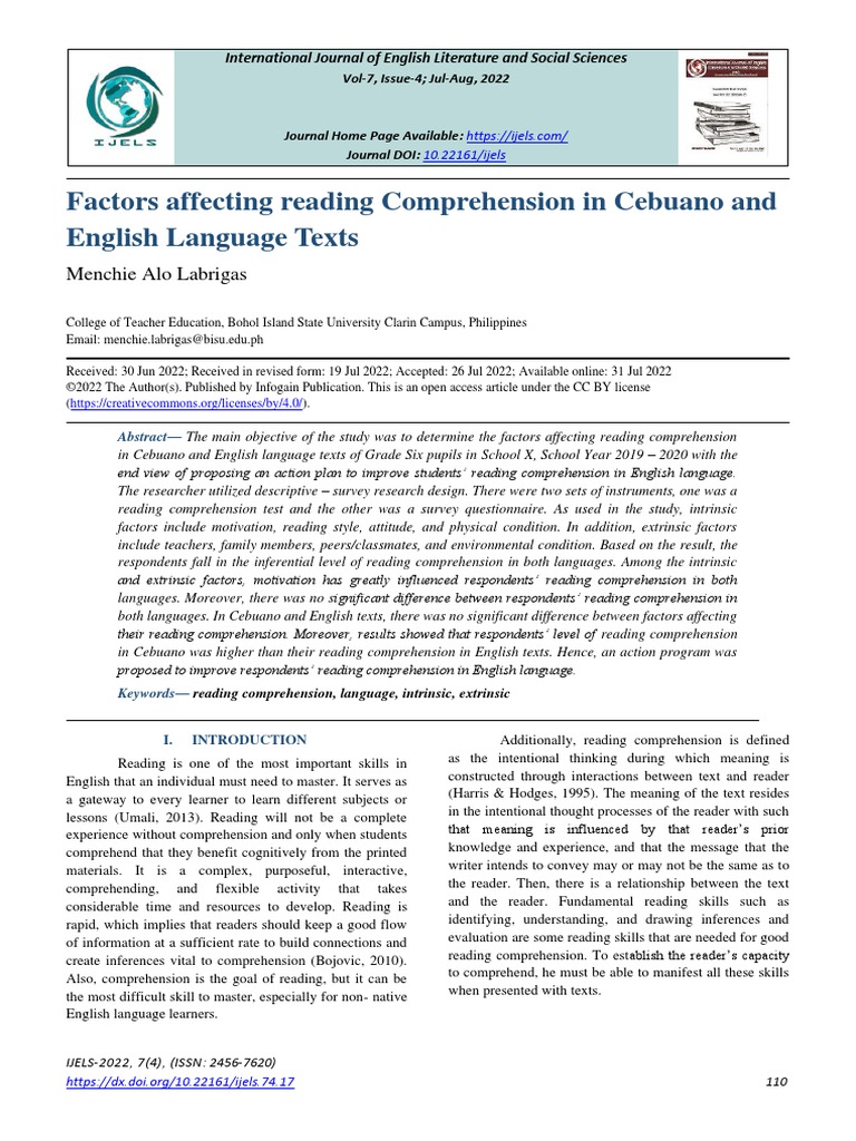 Factors Affecting Reading Comprehension in Cebuano and English Language ...