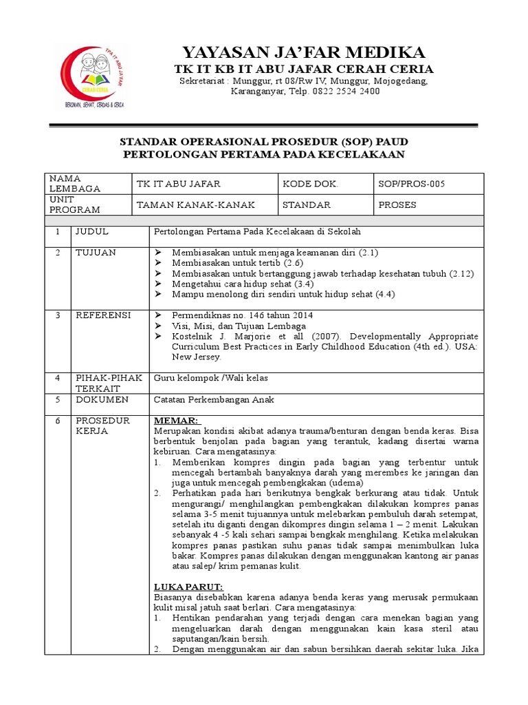 5 Sop Paud Pertolongan Pertama Pada Kecelakaan | PDF | Pengembangan Diri | Sains & Matematika