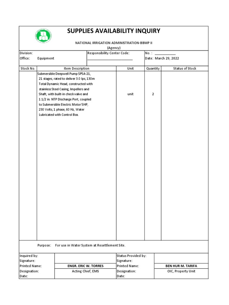 Supplies Availability Inquiry | PDF