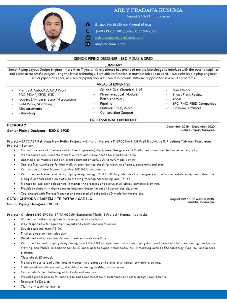 CV - Senior Piping Designer - E3D, PDMS, & SP3D (Ardy Pradana Kusuma) | PDF | Specification ...