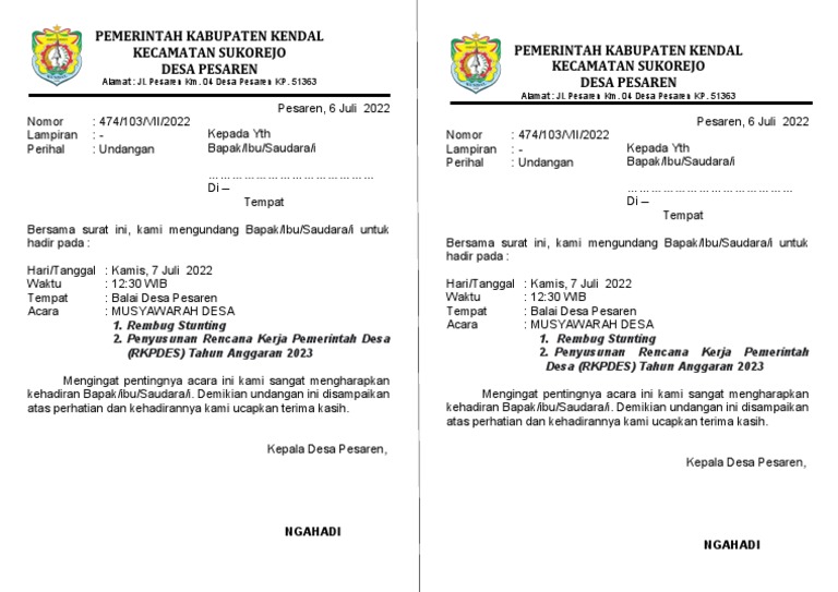 Surat Undangan 2 KOLOM RKPDES 2023 | PDF