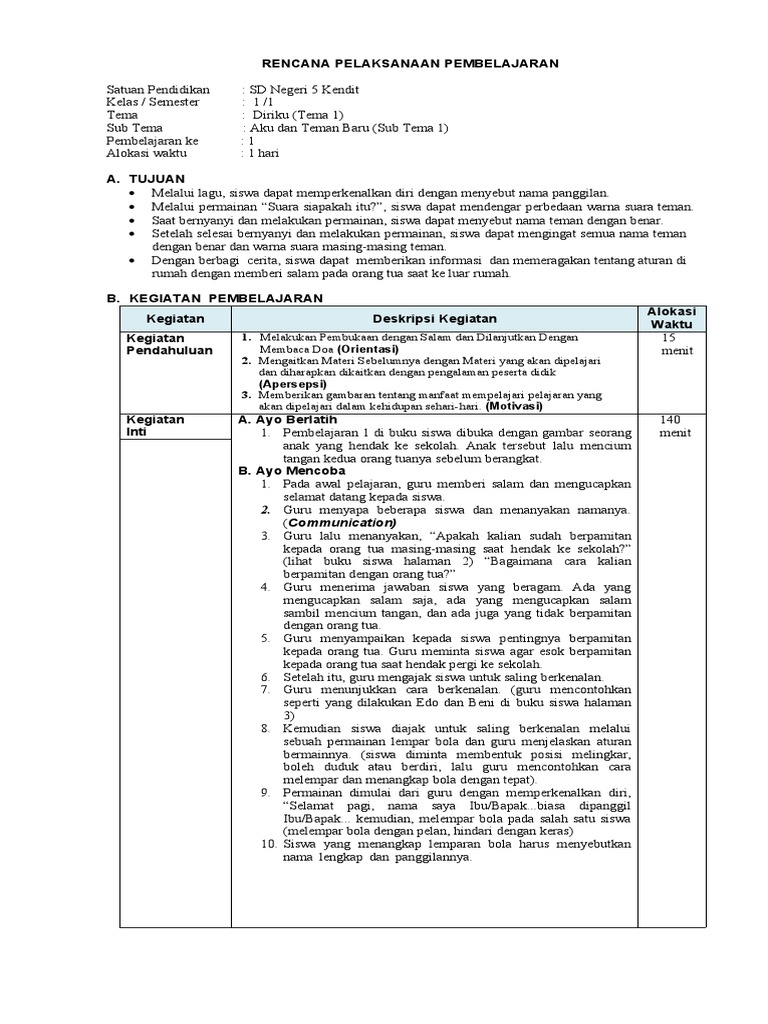 RPP Kls 1 Tema 1 Subtema 1 PBL 1 | PDF | Seni & Disiplin Bahasa