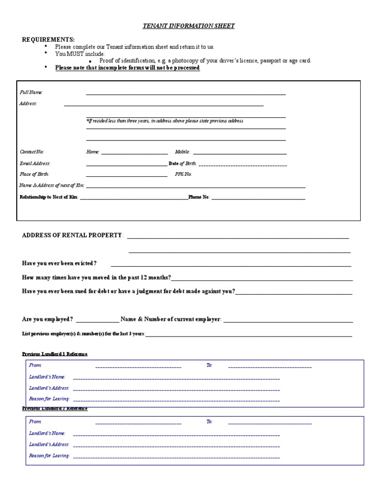 Tenant Information Sheet | PDF | Landlord | Leasehold Estate