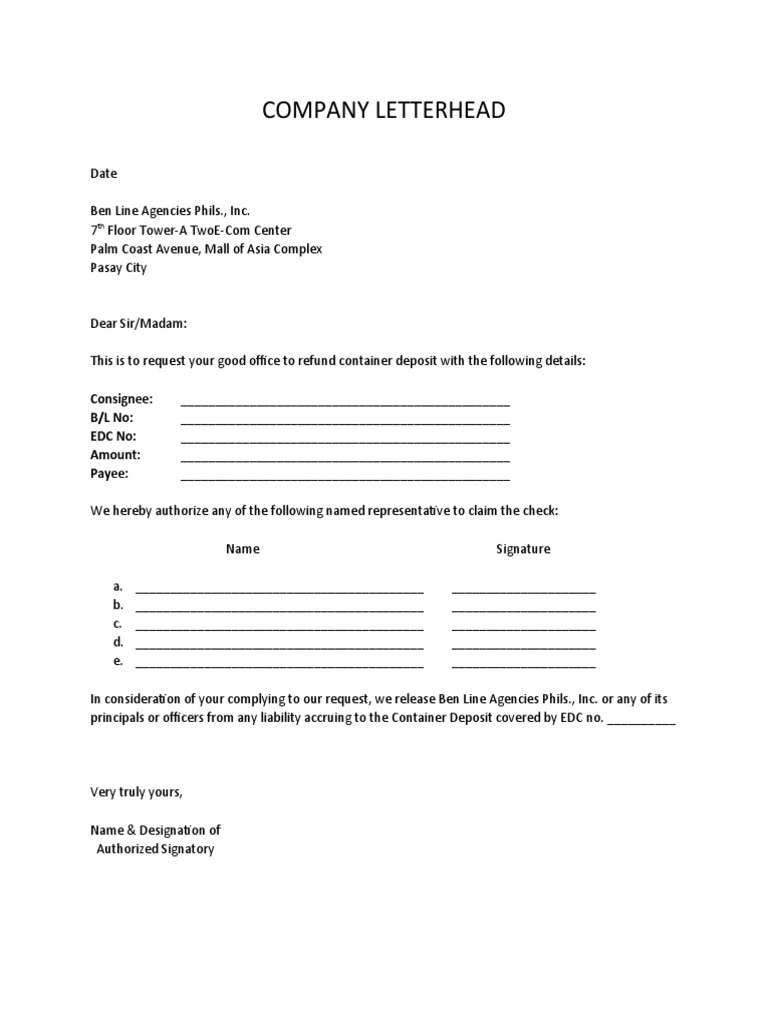 Container Deposit Refund Request Letter | PDF | Business | Law