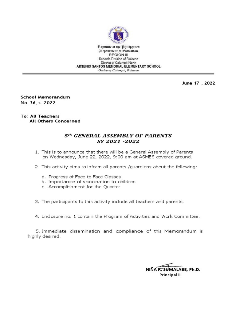 Memo-ACR-Attendance 5TH GENERAL ASSEMBLY S.Y. 2021-2022 | PDF | Wellness