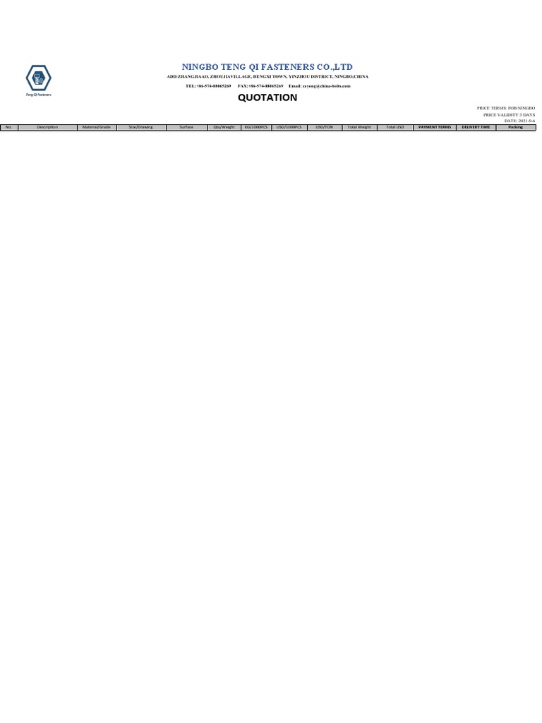 Teng Qi Fasteners Quotation of A193 B7 Stud Bolt and A194 Nut | PDF