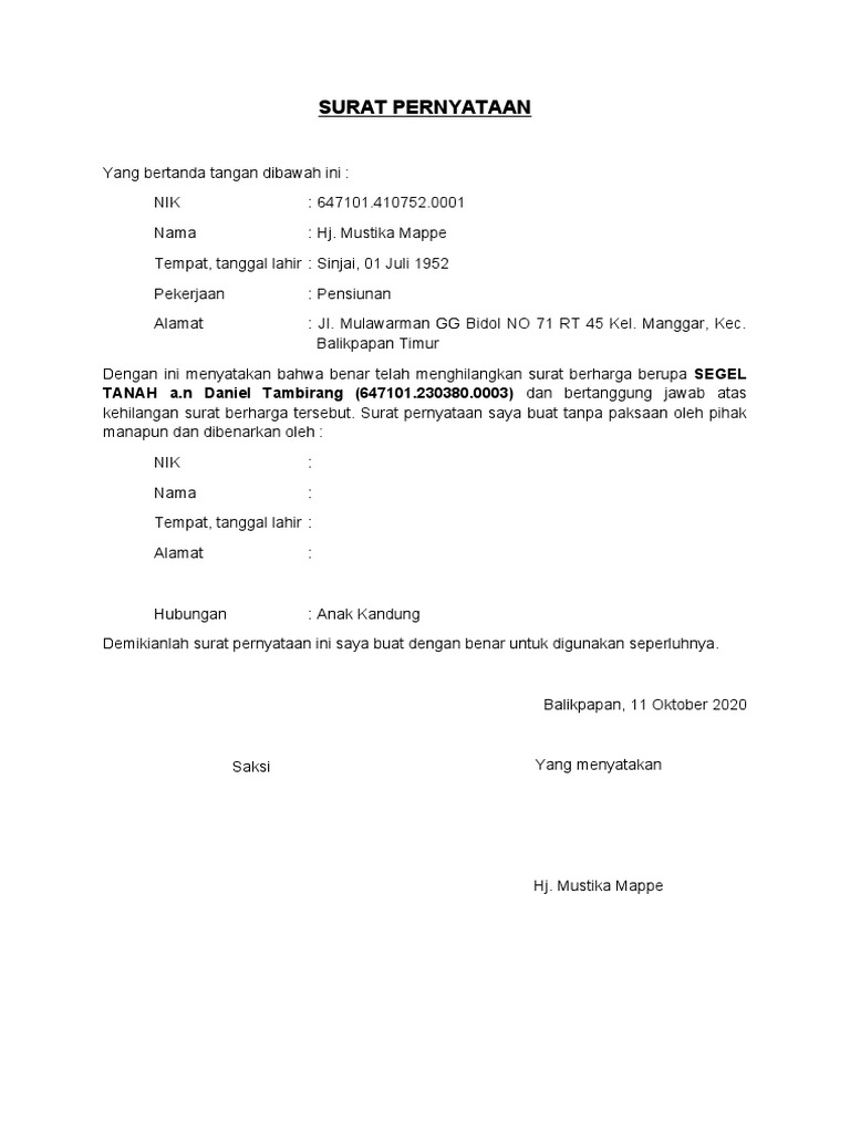 Surat Pernyataan Kehilangan Segel Tanah | PDF