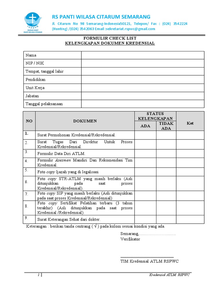 Checklist Kredensial ATLM RSPWC | PDF