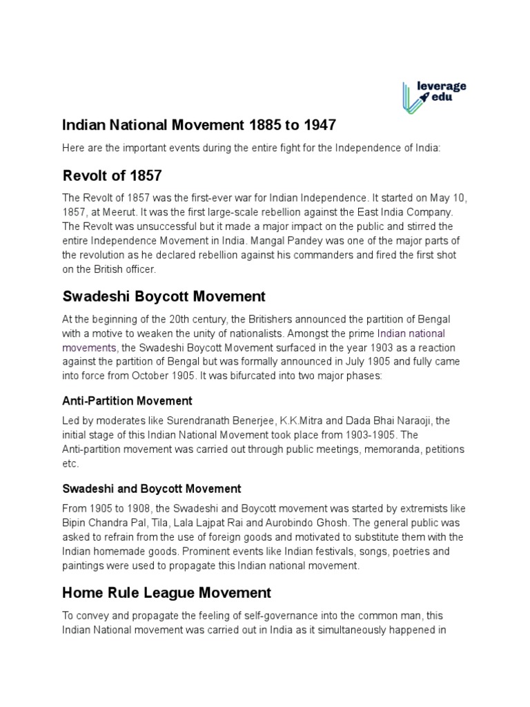 Indian National Movement 1885 To 1947 PDF | PDF | Indian Independence ...