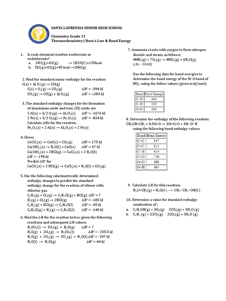 2021-2022 - Worksheet 2 - Bonds Energy & Hess's Law | PDF | Chemical ...