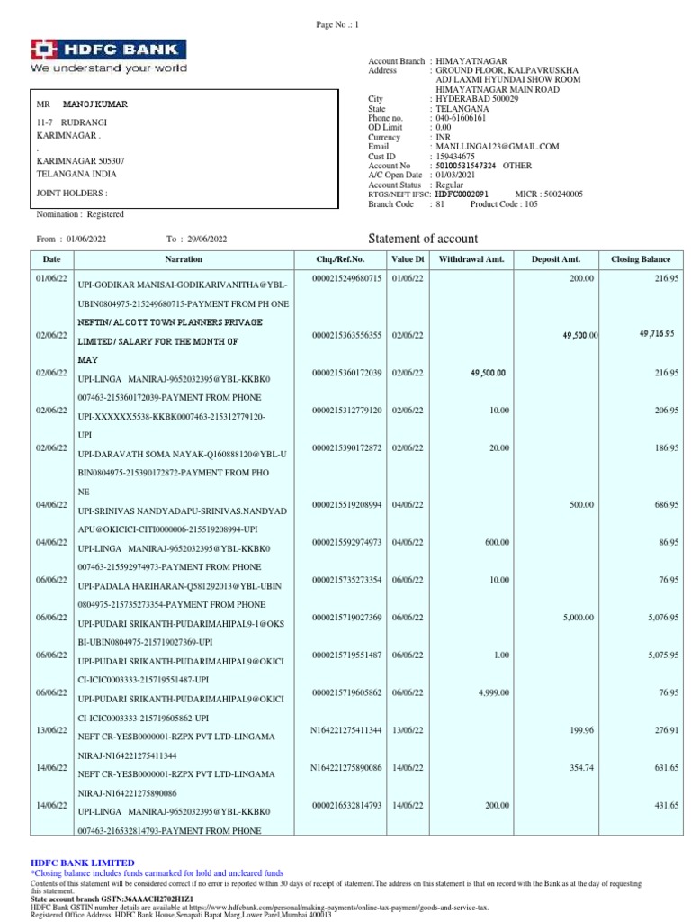Statement of Account: Date Narration Chq./Ref - No. Value DT Withdrawal ...
