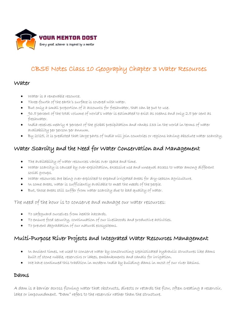 CBSE Notes Class 10 Geography Chapter 3 Water Resources | PDF | Water ...